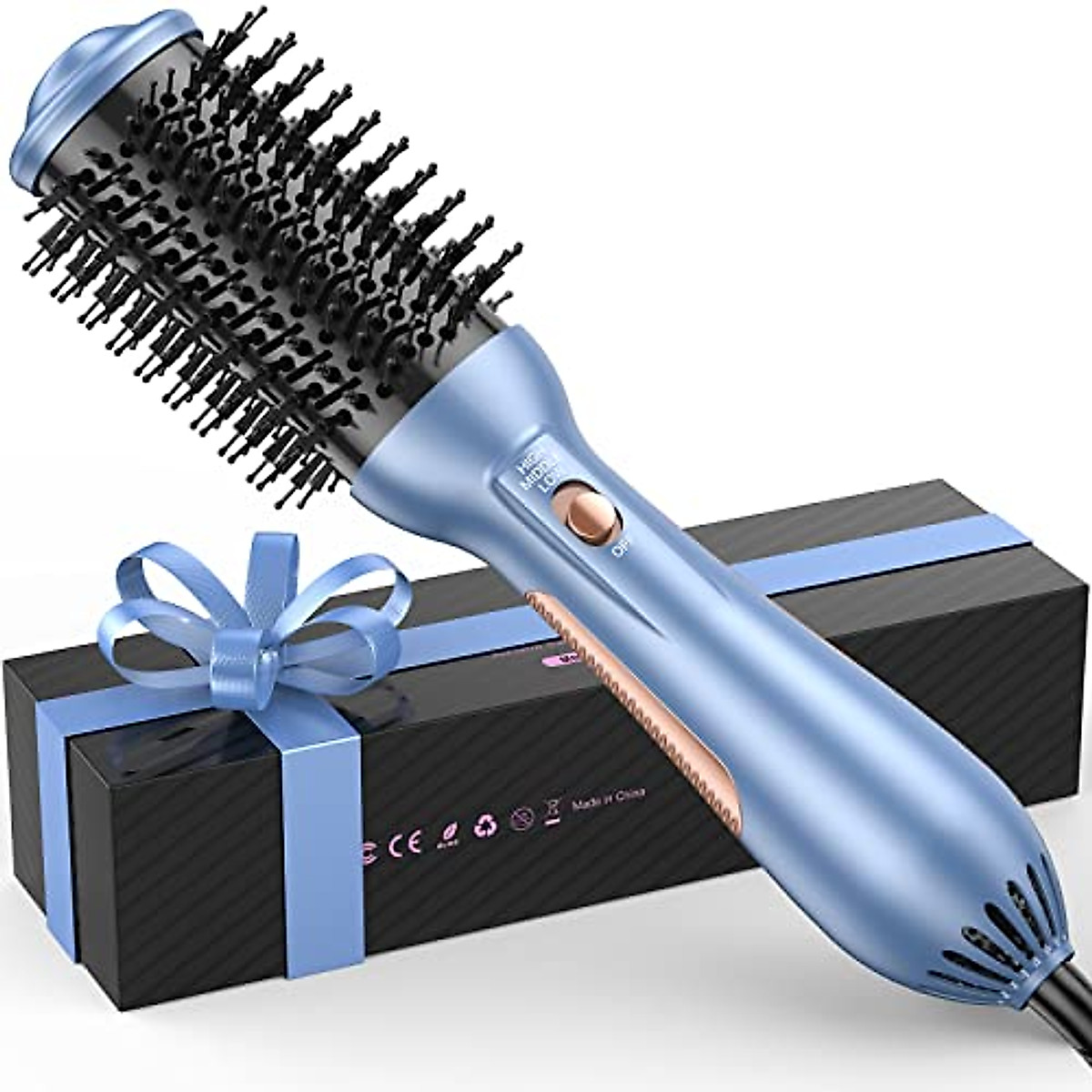 Hair Brush Blow Dryer, One-Step Hair Dryer & Volumizer Styler with Negative Ion Anti-frizz Ceramic Titanium Barrel Hot Air Brush Hair Straightener Brush Blue for Drying, Straightening, Curling, Salon