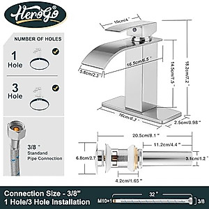 Herogo Bathroom Sink Faucet, Brushed Nickel Waterfall Stainless Steel Bathroom Faucet with Brass Pop Up Drain, Single Handle 1 Hole or 3 Holes Deck Mount Vanity RV Lavatory Faucet with 2 Water Hoses