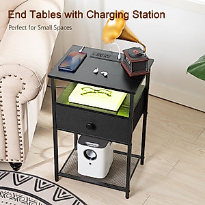 LOAKEKEL Night Stand Set 2, LED Nightstand with Charging Station, End Tables with Fabric Drawer for Small Spaces, Bedside Table with Storage Shelf for Bedroom, Black, HETS01BK