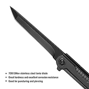 FUNBRO EDC Pocket Knife for Men, Tanto Folding Knives with 7CR13Mov Stainless Steel Blade, Slim Survival Knife with Clip, Window Breaker, Flipper Open and Liner Lock for Outdoor Camping