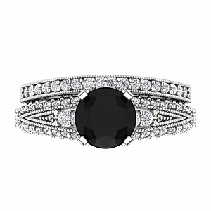 2.10ct Round Cut Laser Engraving Pave Natural Black Onyx Engagement Bridal Wedding Ring Band set Solid 18K White Gold Size 8