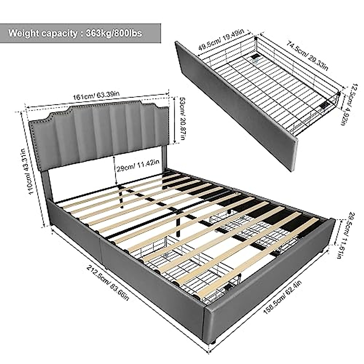Origeture Queen Bed Frame with 2 Storage Drawers and Adjustable Headboard, Upholstered Linen Padded Platform Bed, Strong Wooden Slats Support, No Box Spring Needed, Easy Assembly, Noise-Free (Grey)