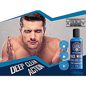 Viking Revolution Charcoal Face Wash for Men- Scrub Away Dirt and Toxins, Skin Cleaning Agent - Cleanse, Purify and Refresh - Daily Charcoal Facial Cleanser - 8 Fl Oz plus a 2 Fl Oz, 2 Piece Set