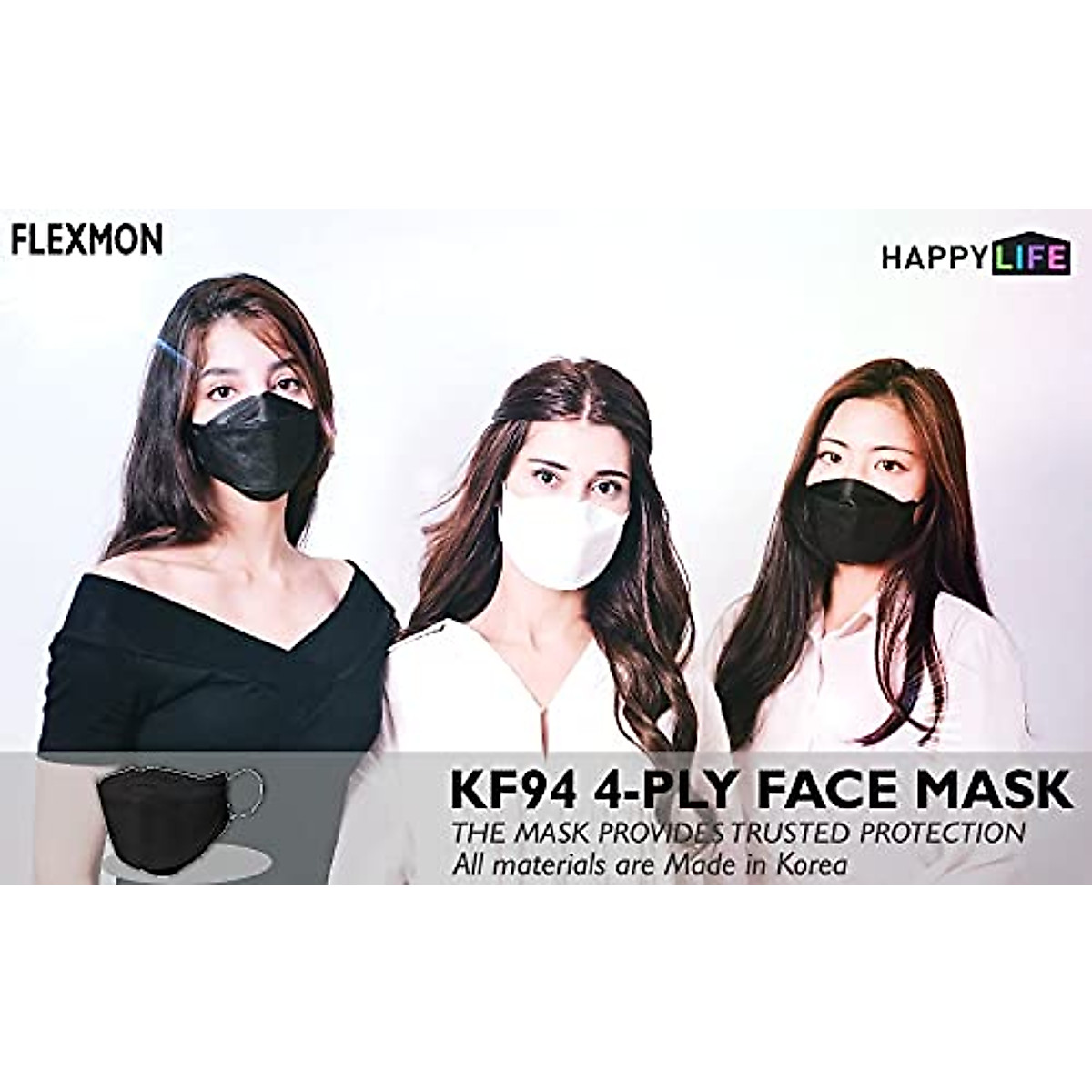 [10pcs] Happy Life SKY KF94 Face Mask, Black Color, Unisex Adult SIZE, Premium Individual Pack 4-Layer, Disposable KF94 Mask, Men, Women, Made in Korea.