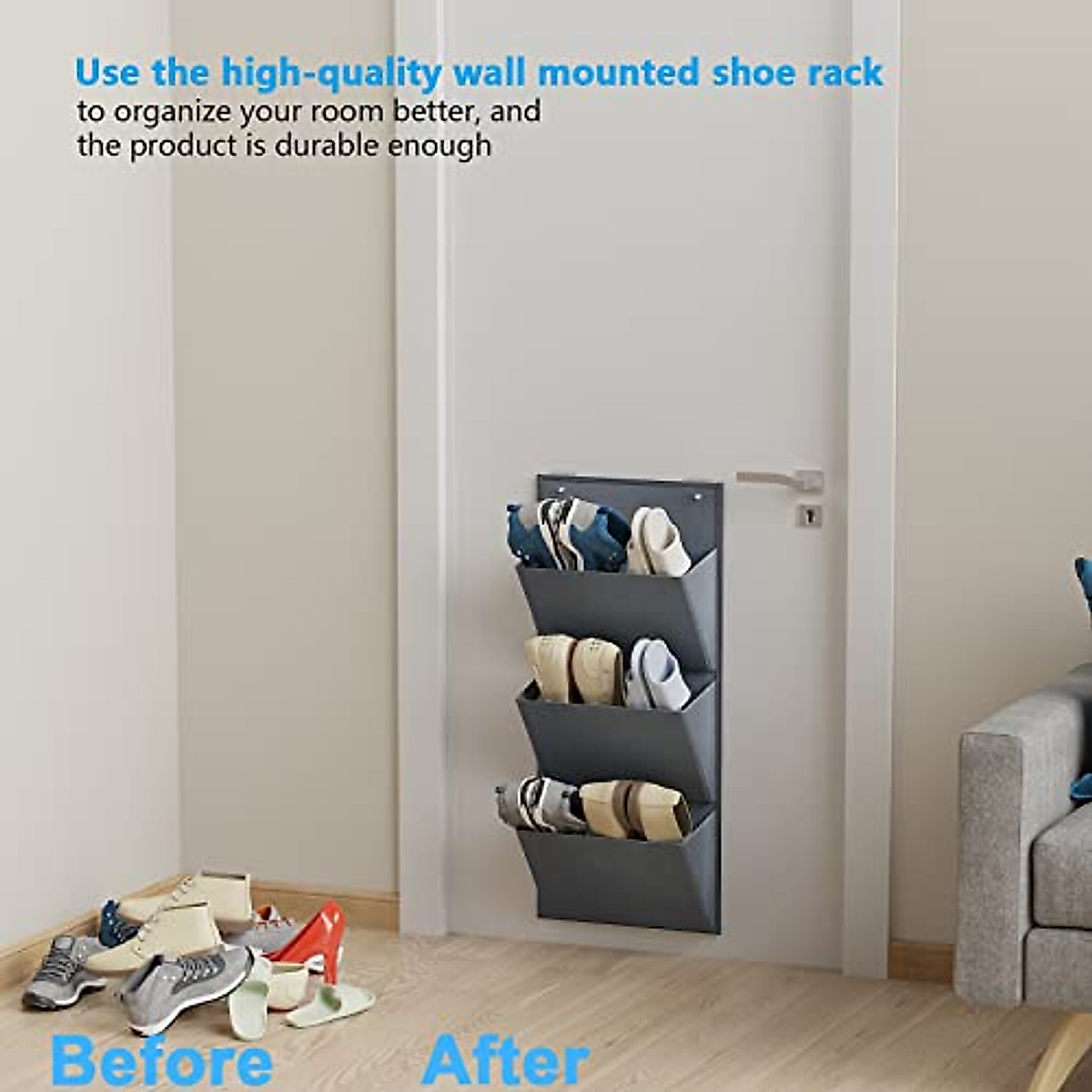 Yocice Wall Mounted Hanging Organizer 2Pack,Shoes Rack/Can Store 6Pairs of Plus-Size Sneakers,Also Stores Boots.with Sticky Hanging Mounts, Shoes Holder ,Door Shoe Hangers (SM08-Gray-2)