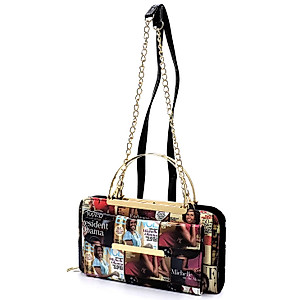 Magazine Cover Collage Round Top Handle Crossbody Bag Clutch Wallet (Grey/black)