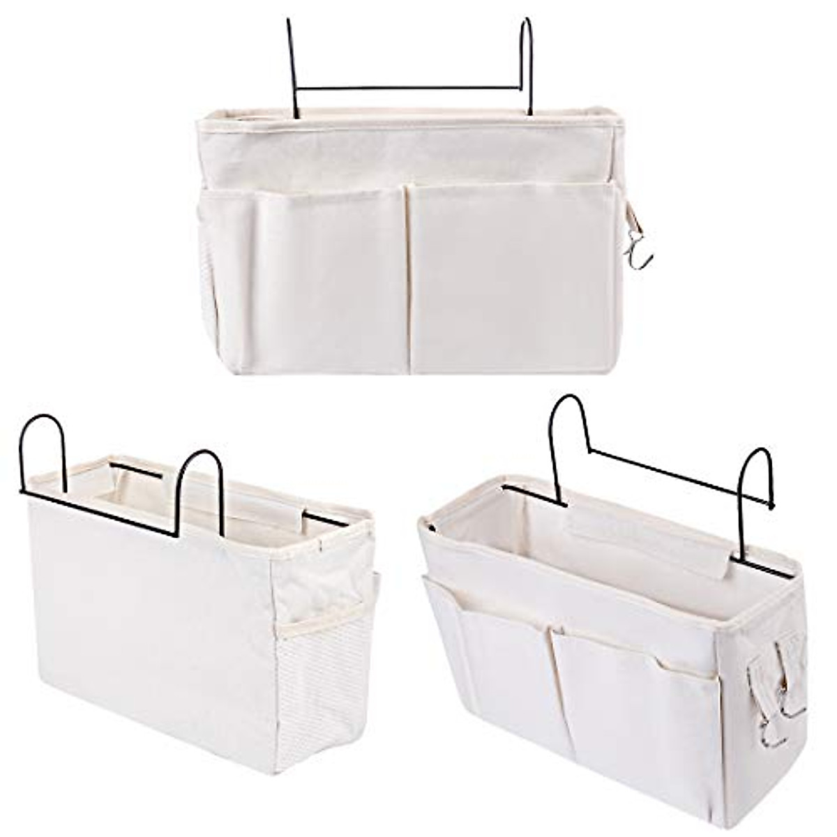 RuiyiF 2 Pack Bed Organizer Hanging with Metal Hooks, Bunk Bed Storage for Top Bunk Dormitory Bedside Storage Pocket for Books Phones Remote Control (White)