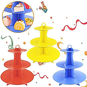 Faxco 3 Pack 3-Tier Colorful Round Cardboard Cup Cake Holder Stand Dessert Tower, Reusable Pastry Serving Platter Food Display, Birthday Wedding Special Event Decoration