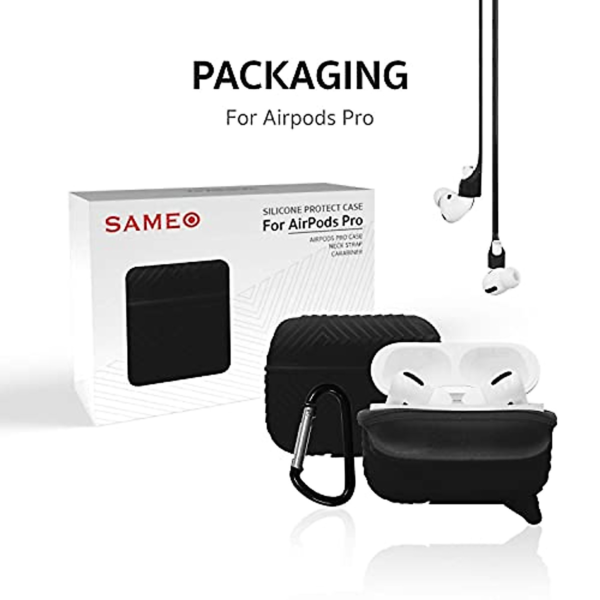 New SAMEO Design Soft Silicone Protective Case of AirPods Pro (Neck Strap, Case, Carabiner of 1 Set) DustProof, DropProof, Wireless Charing (Black)