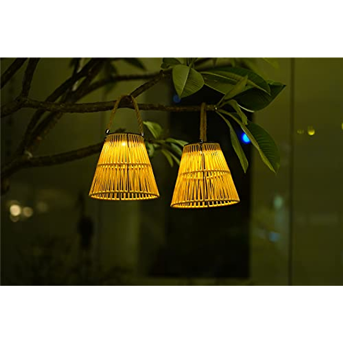 Outdoor Solar Hanging Lantern, 2 Pack Solar Lights Waterproof Table Light with Woven Rope Handle Rechargeable Decorative for Patio Backyard Garden Tree, Natural