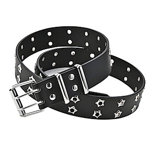 Yalice Double Grommet Leather Belts for Women Star Studded Belt for Jeans Pants Punk Waist Belt for Men (Black)