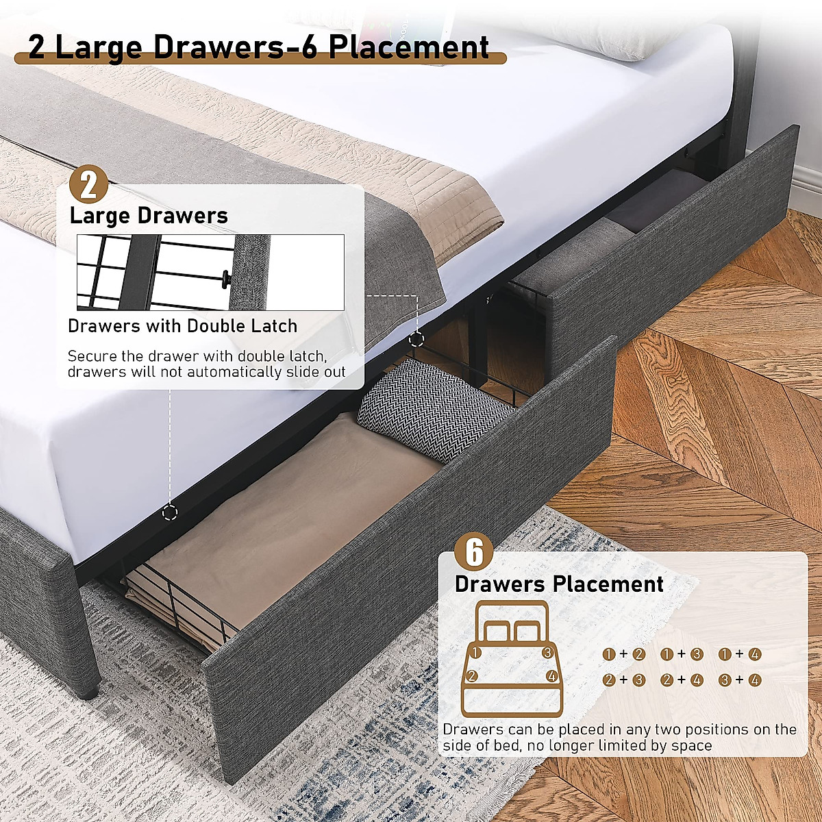 Queen Bed Frame with Tall Bookcase Headboard and Charging Station, LED Bed Frame with 2 Storage Drawers, Upholstered Mattress Foundation with Wooden Slats Support, No Box Spring Needed,Dark Grey