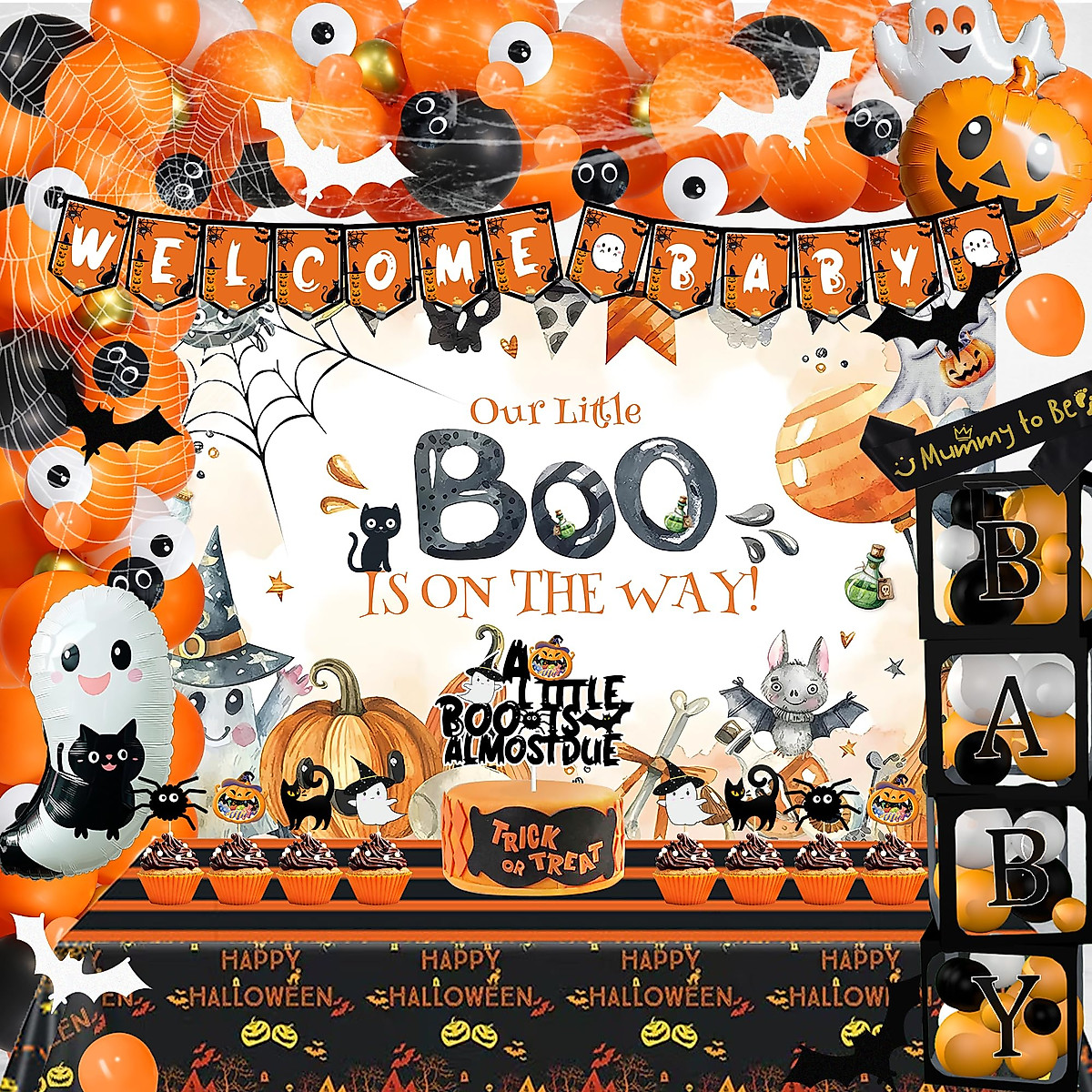 Our Little Boo is on the Way Baby Shower Decorations,Halloween Baby Shower Decorations for Boy Kit Backdrop Backdrop Banner Cake Cupcake Topper Tablecloth Spider Web for Baby Boy Shower Halloween