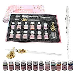 XIAOYU Glass Dip Pen Ink Set, 16 Pieces Calligraphy Pens Set - 12 Colorful Inks, Pen Holder, Cleaning Cup, 2 Crystal Glass Pens for Writing, Signature - Yellow