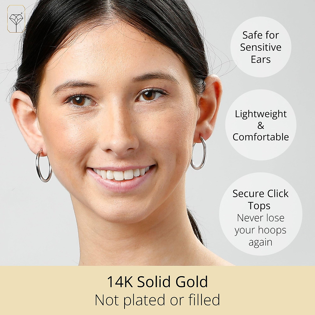 MAX + STONE Solid 14k Gold Hoop Earrings with Click Tops for Women | 1.2 Inch Large White Gold