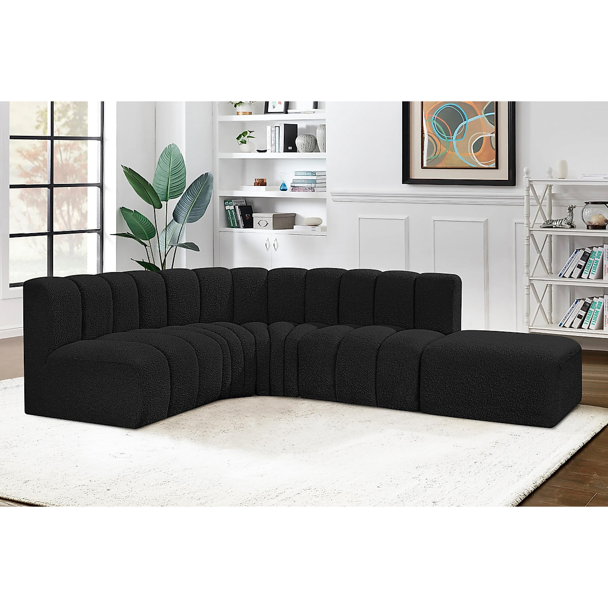 Meridian Furniture 102Black-S5C Arc Collection Modern | Contemporary Modular Sofa with Rich Black Boucle Fabric, Deep Channel Tufting, Modular Design, 127" W x 61" D x 30" H, Black