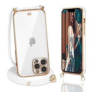 ZTOFERA Crossbody Phone Case for iPhone 14 Pro, Clear Protective Case for Girls Adjustable Detachable Lanyard Gold Edge Silicone Bumper Back Case for iPhone 14 Pro - White