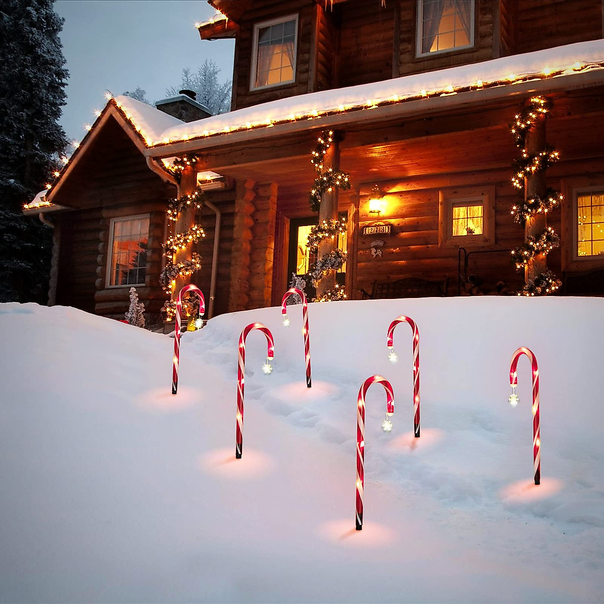 6Pack Christmas Candy Cane Lights Snowflake Outdoor Pathway Driveway Markers Decoration Red and White Xmas Home Decor Indoor Lawn Yard
