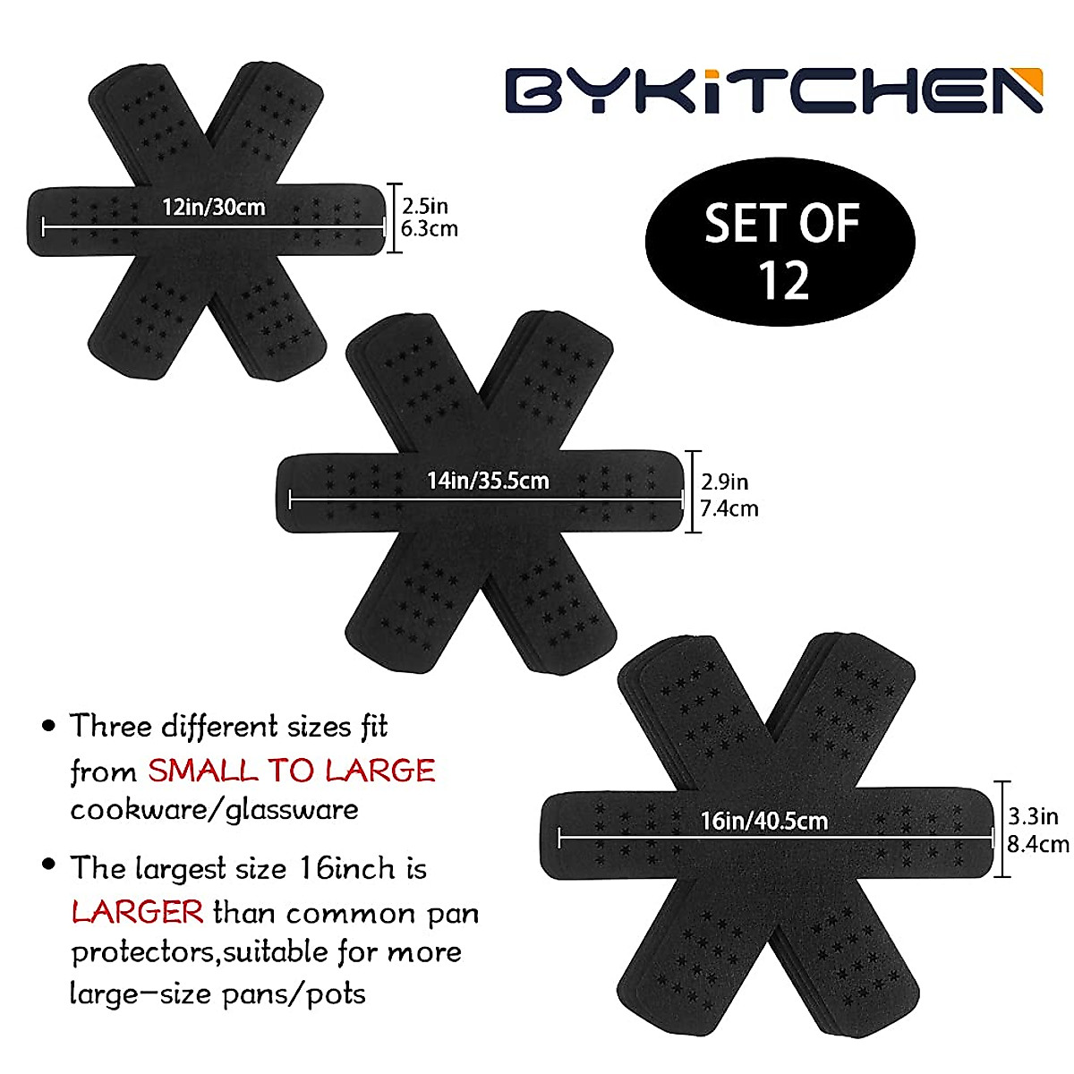 BYKITCHEN Pan Protector with Stars, Set of 12 and 3 Different Sizes, Black Pan Separators, Felt Pot Protectors for Stacking and Separating Your Cookware