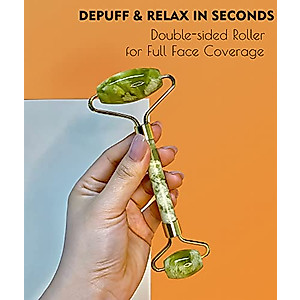 Face Roller Natural Jade Roller For Face - Gua Sha Facial Tool - Aging Wrinkles,Puffiness Facial Skin Care Product Massager - Premium Authentic Jade Stone (Jade Roller+Gua Sha)