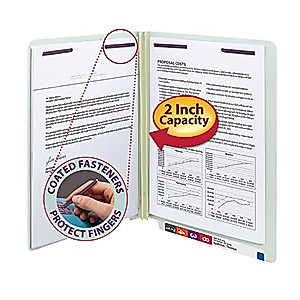 Smead End Tab Pressboard Fastener File Folder with SafeSHIELD Fasteners, 2 Fasteners, 2" Expansion, Letter Size, Gray/Green, 25 per Box (34715)