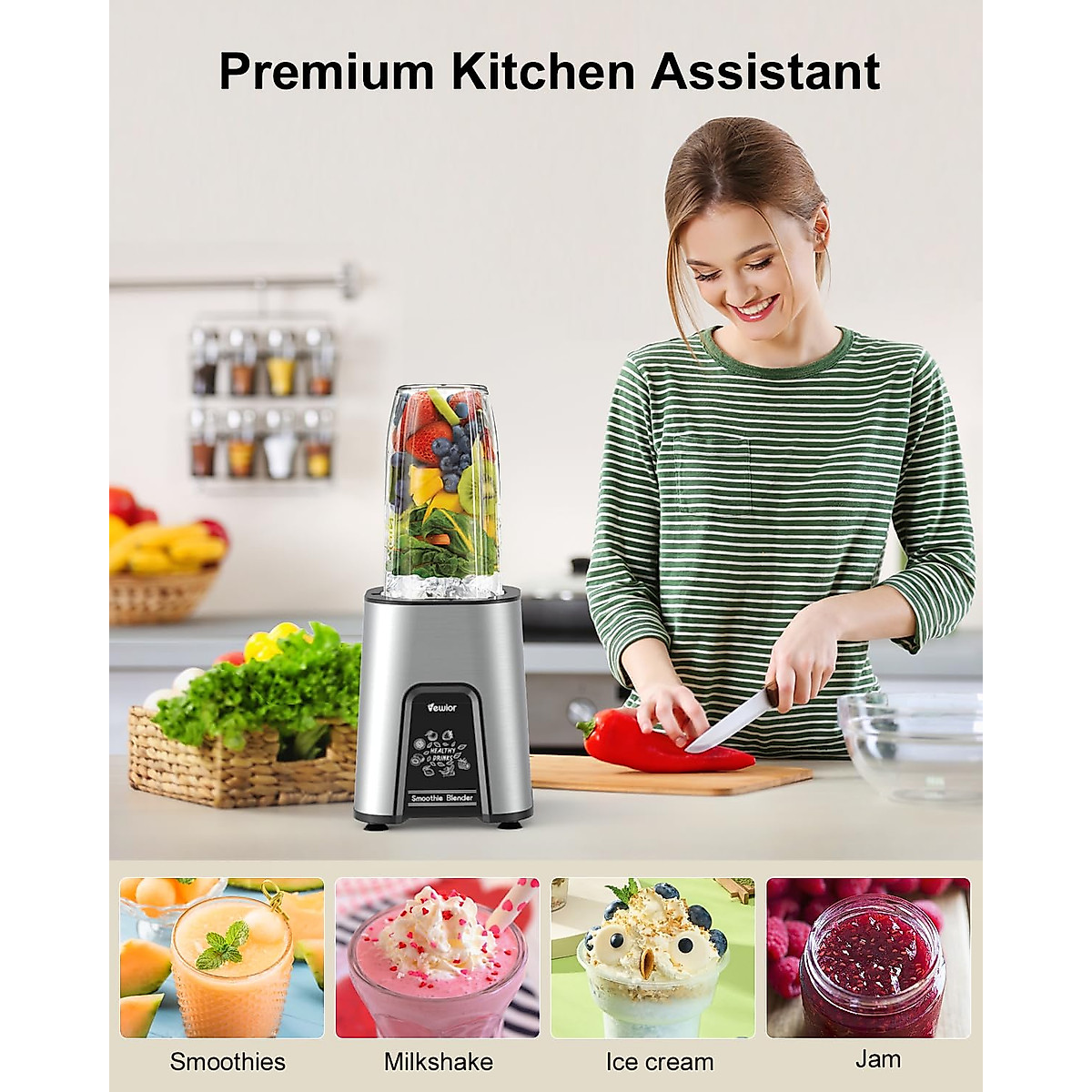 VEWIOR Smoothie Bullet Blender for Shakes and Smoothies 850W, 12 Pieces Personal Blenders for Kitchen with 6 Fins Blender Blade, Smoothie Blender with 2*23 oz To-Go Cups