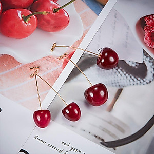 Hicarer 4 Pairs Cherry Earrings Cherry Dangle Earrings 2 Sizes 3D Cherry Fruit Earrings with 10 Pieces Ear Lines for Women
