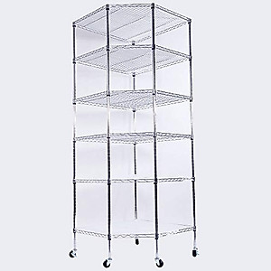 Guangshuohui 6-Tier Metal Storage Rack with Wheels,Plated Polygonal Corner Shelf Steel Wire Shelving Tower,Metal Storage Shelf Unit for Garage Laundry Bathroom Kitchen Pantry Closet, Silver