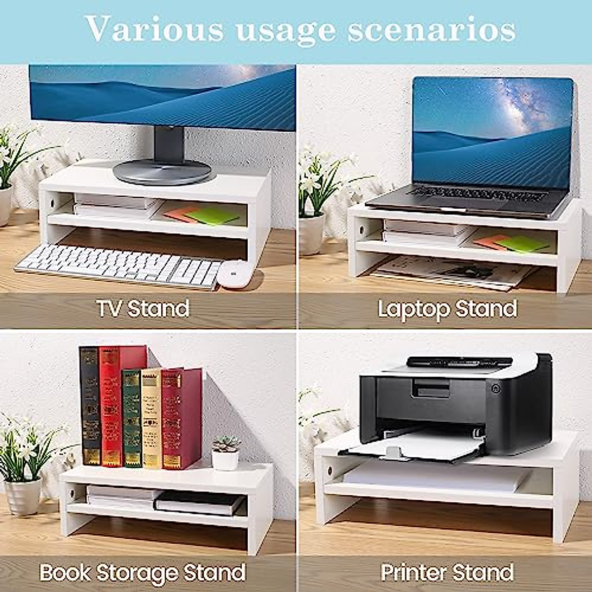 VLikeze White Monitor Stand Riser, 2 Tiers Computer Monitor Stand with Storage, Desktop Organizer Screen Shelf Laptop Riser Stand for Printer/TV/Notebook/PC, 16.5 Inches