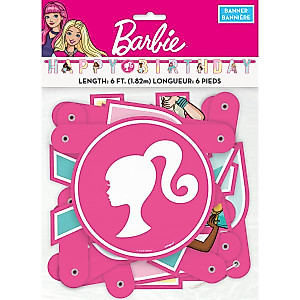 Barbie Birthday Party Supplies Bundle includes 1 Happy Birthday Banner, 3 Hanging Swirl Decorations, 1 Dinosaur Sticker Sheet