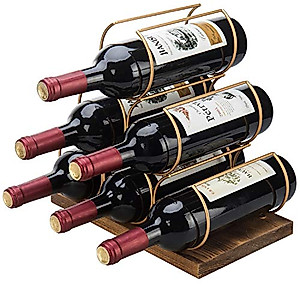 MyGift Contemporary Tabletop Wine Rack, Brass Metal Wire & Burnt Wood 6-Bottle Wine Holder