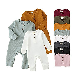 Lelloing Newborn Baby Boy Long Sleeve Romper Infant Girls Solid Color Footed Onesie Ribbed Jumpsuit Unisex Basic Pajamas (0-3M,Romper-Brown)