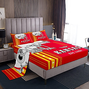 Erosebridal American Football Sheet Set Rugby Decor Sports Game Bed Sheets Set Full, Boys American Football City Sheets Red Yellow White Stars Stripes Top Fitted Sheet 4Pcs (Kansas)