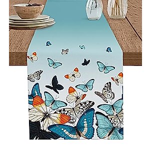 Lsrtoss Teal Ombre Table Runner 72 Inches Long Farmhouse Dress Scarves, Blue Orange Butterfly Modern Abstract Art Dining Tablerunner for Coffee Table/Kitchen Island/Party Décor, 18" x 72"
