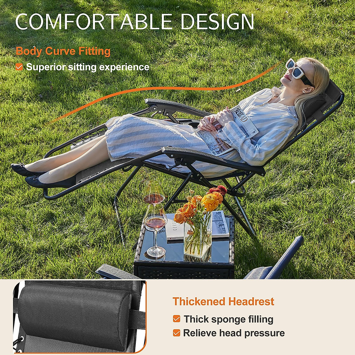 Sweetcrispy Zero Gravity Chairs, Set of 2 Portable Recliner Beach Camping Patio Outdoor Folding Lounge Chair with Cup Holder Trays and Adjustable Pillow for Poolside, Garden, Backyard, Lawn (Black)