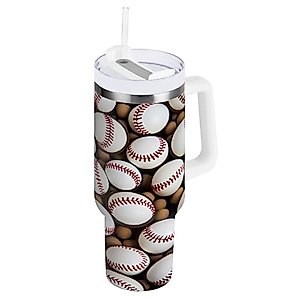 Jihqo Baseball Balls Pattern 40 oz Stainless Steel Vacuum Insulated Tumbler with Handle and Straw Lid, Leakproof Water Bottle Double Wall Travel Mug Coffee Cup, Cupholder Friendly