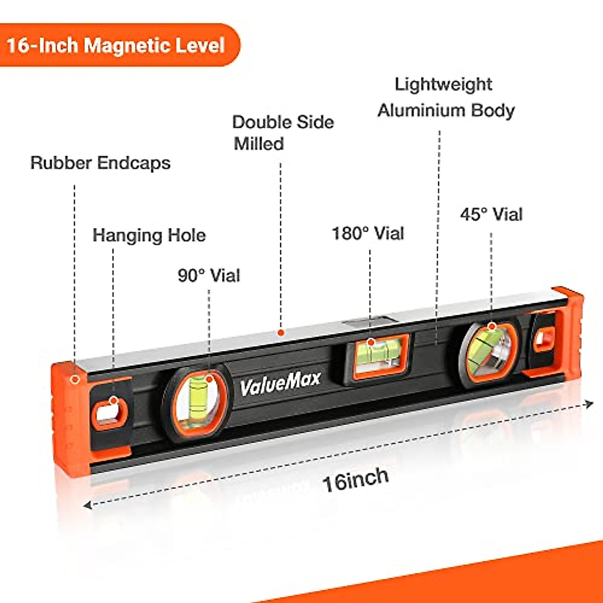 ValueMax 16-Inch Torpedo Level, Magnetic Leveler Tool with 3 High-visibility Bubbles 45°/90°/180°, Overhead Viewing Window, Rubber Endcaps, Aluminium Body, Bubble Level for Home Outdoor Measurements