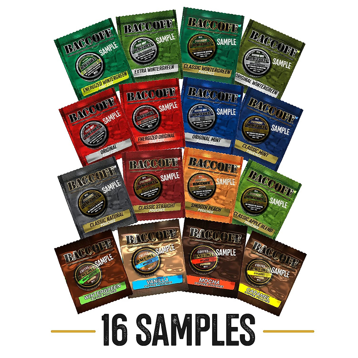 BaccOff, Sample Pack No Tobacco Dip, No Nicotine Smokeless Alternative Snuff Tea & Coffee (Pouches, Fine Cuts & Rough Cuts), 16 Individual Samples