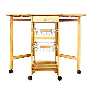 Kepooman Kitchen Dining Cart Wood Portable Folding Rolling Drop Leaf Kitchen Island Storage Trolley Cart Shelves w/Drawers,Rack,Fruit Baskets,Brown