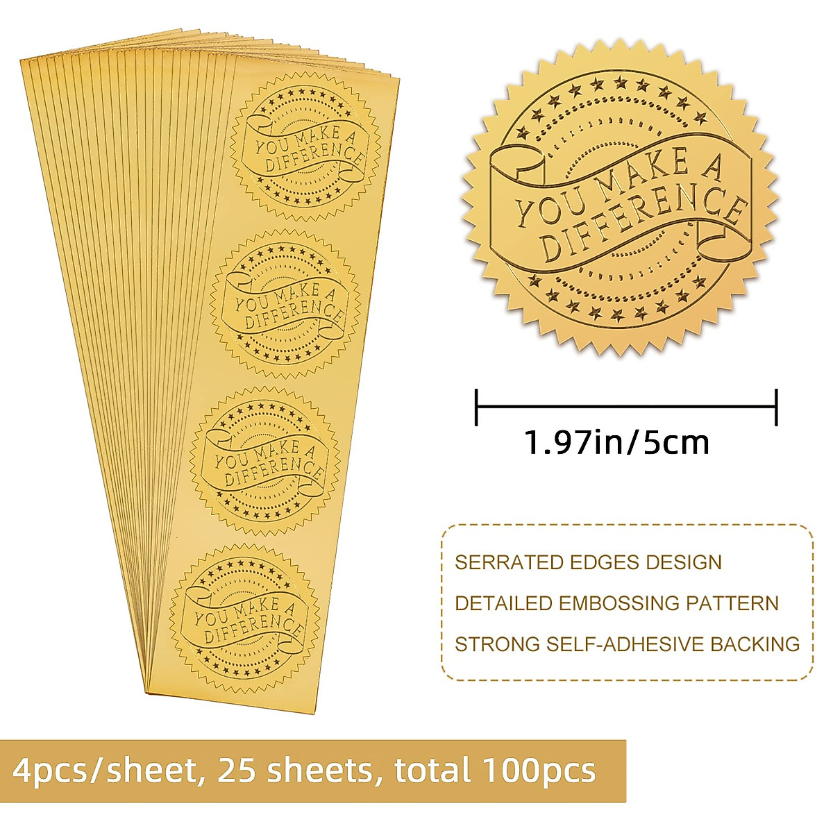 CRASPIRE 2" Embossed Certificate Seals You Make a Difference Self Adhesive Embossed Seals Gold Stickers 100pcs Medal Decoration Labels for Envelopes Diplomas Certificates Awards Graduation