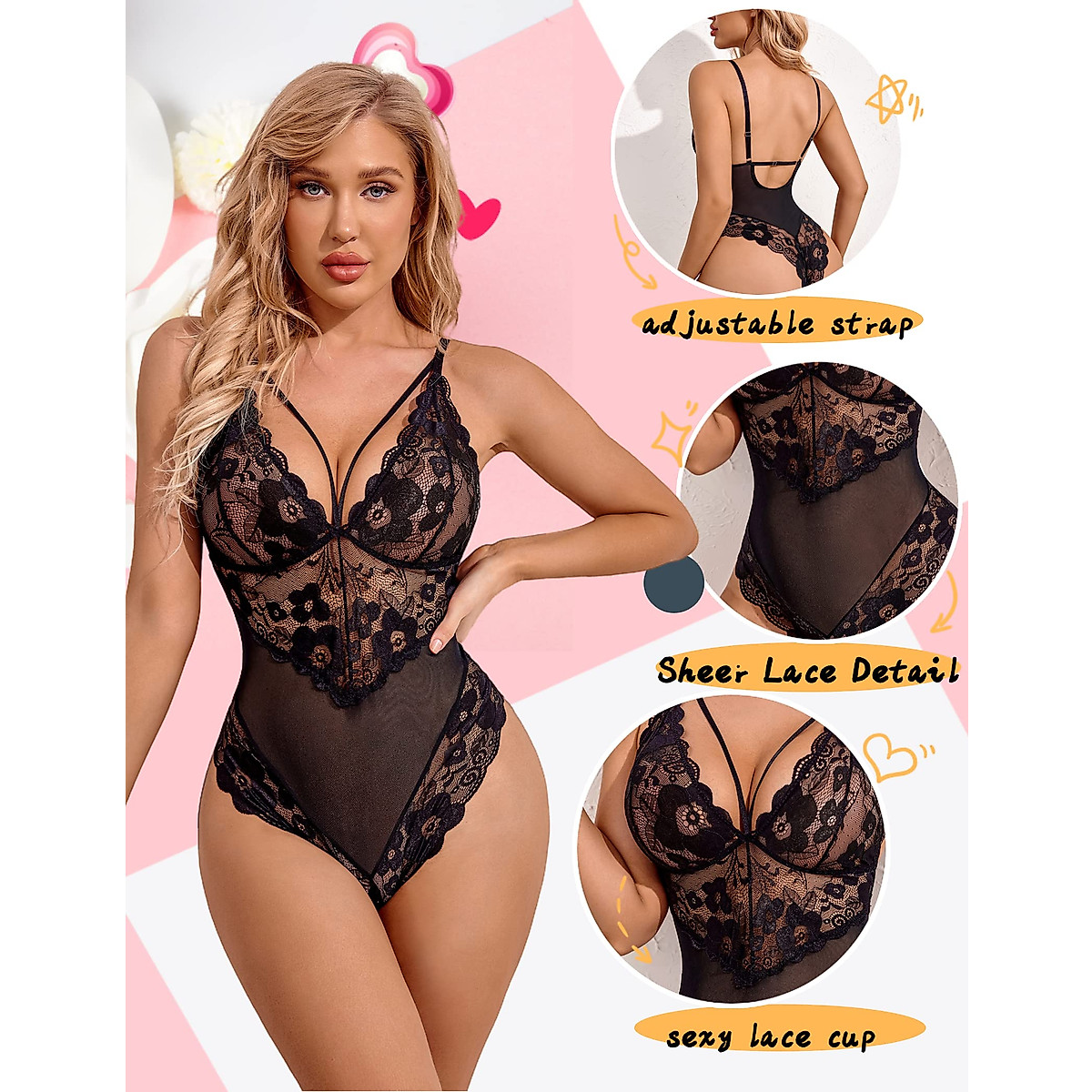 Avidlove Sexy Lingerie for Women Lingerie Bodysuit Lace Teddy Strappy Lingerie V Neck One Piece Boudoir Outfits(Black,M)