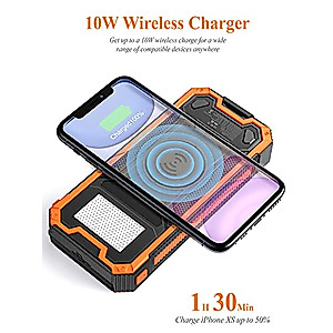 MINRISE Wireless Portable Charger, QC3.0 20W Power Bank Fast Charging 30000mAh Solar Charger, Battery Bank with Strong Flashlight, External Battery Pack Compatible with iPhone, Samsung, iPad, etc.