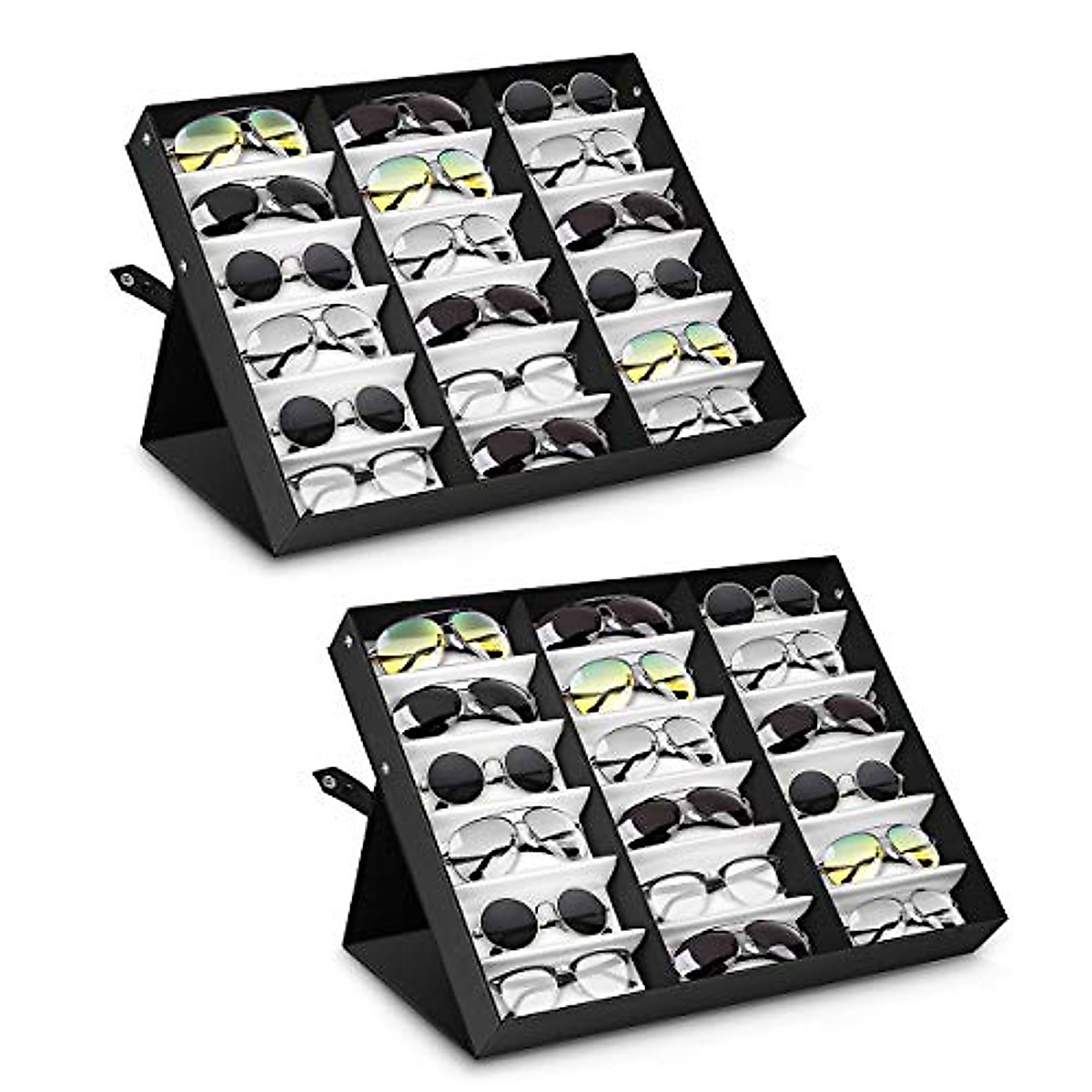 Jiffordwind 18 Slot Polyester Silk Lining Sunglasses Display Case Tray with Stand Function (2 pack)