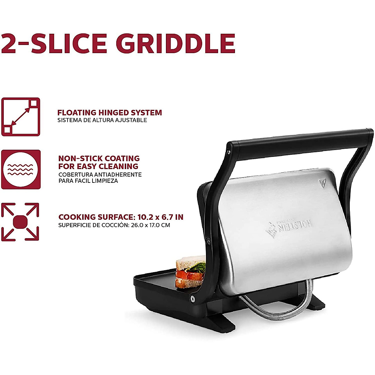 Holstein Housewares Electric Griddle for Toasting Sandwiches, Various Snacks - Black/Stainless Steel