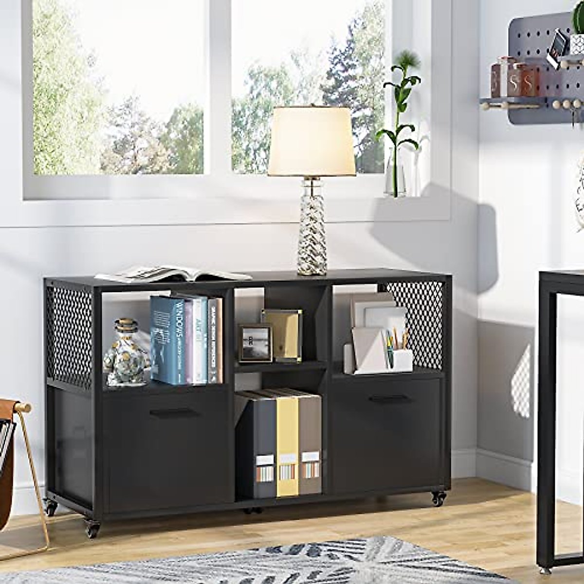 Tribesigns 2 Drawer Wood File Cabinets, Modern Mobile Lateral Filing Cabinet for Letter/ A4 Size, Printer Stand with Open Storage Shelves and Drawer for Home Office, Black