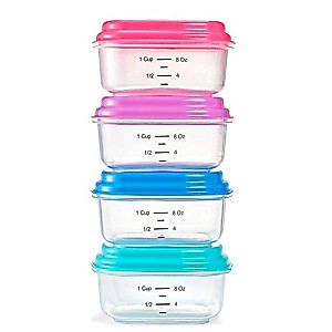 Fit & Fresh Small Plastic Containers With Lids 8 oz, Small Snack Containers With Lids For Adults and Kids, Reusable Leakproof Dressing and Condiment Containers With Multicolor Lids