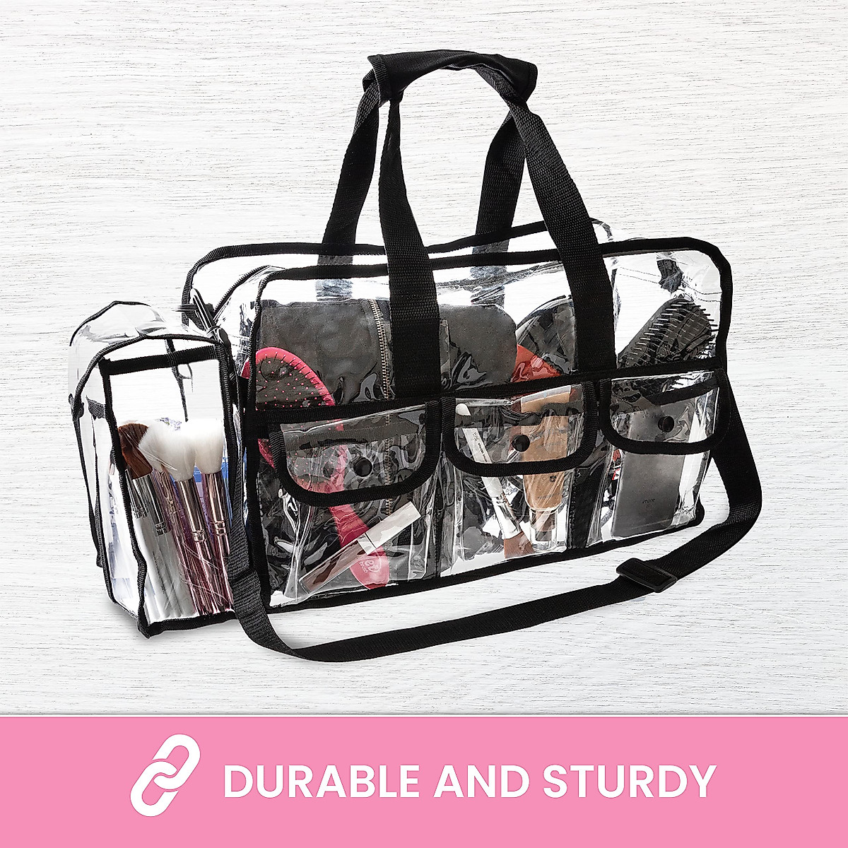 Large Clear Makeup Organizer Bag 17 inch x 9 inch x 10 inch, Cosmetic Bag with Sturdy Zipper and 4 External Pockets for Toiletries Adjustable Strap