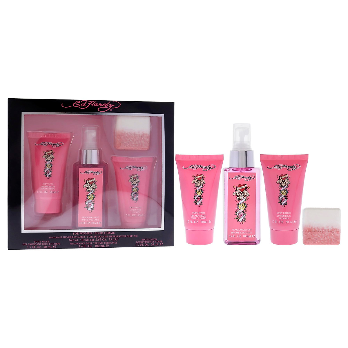 Ed Hardy Women's Perfume Gift Set, 4 Pieces Include Fragrance Mist, Body Lotion, Body Wash, and Fragrant Bath Fizz