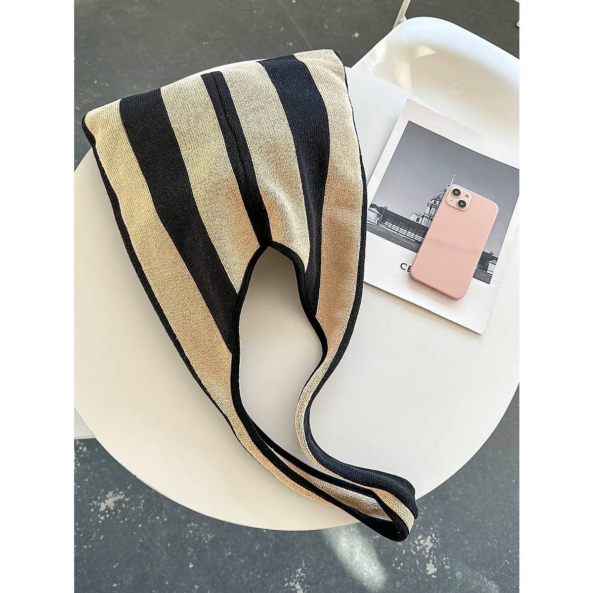 ENBEI The tote bags for women aesthetic Shoulder HandbagsShoulder Shopping Bag crocheted Bags large large tote Bag cute (Black khaki stripes)