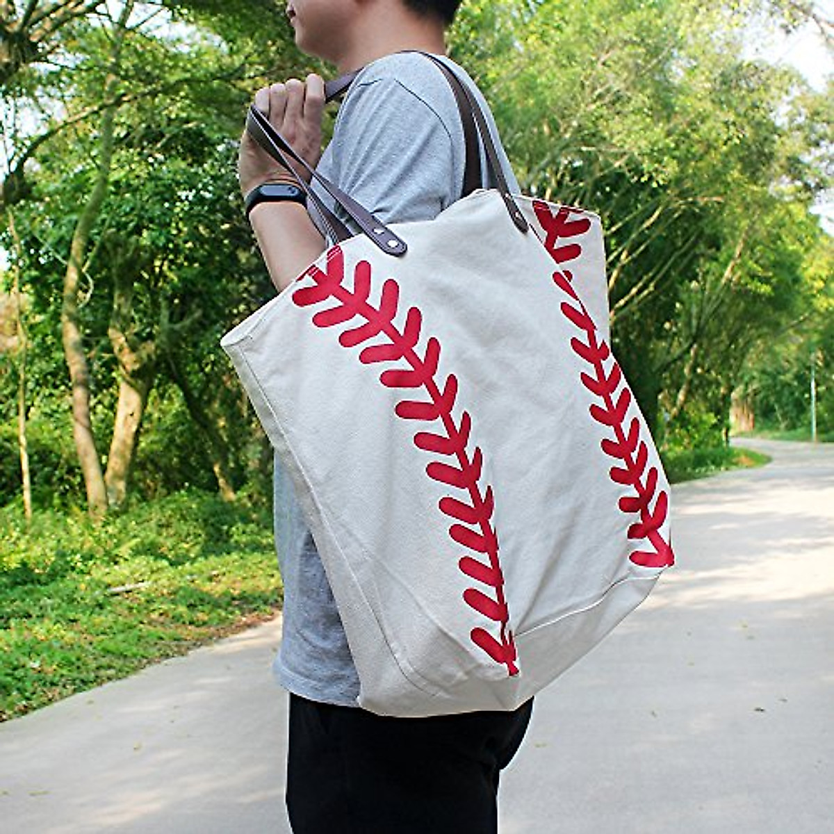 YIQIGO Baseball Bag Handbag for Woman Shopping Bag Travel Bag Canvas Casual Bag with Softball Varsity Gym Shoulder Handbag (Off White)